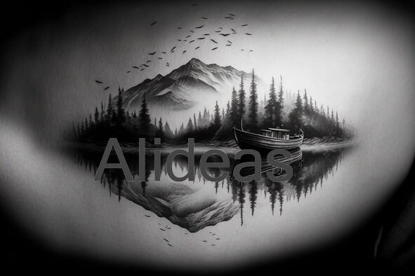 Tattoo Idea. Boat in a Lake Tattoo. Mountain and Pine Forest Tattoo ...