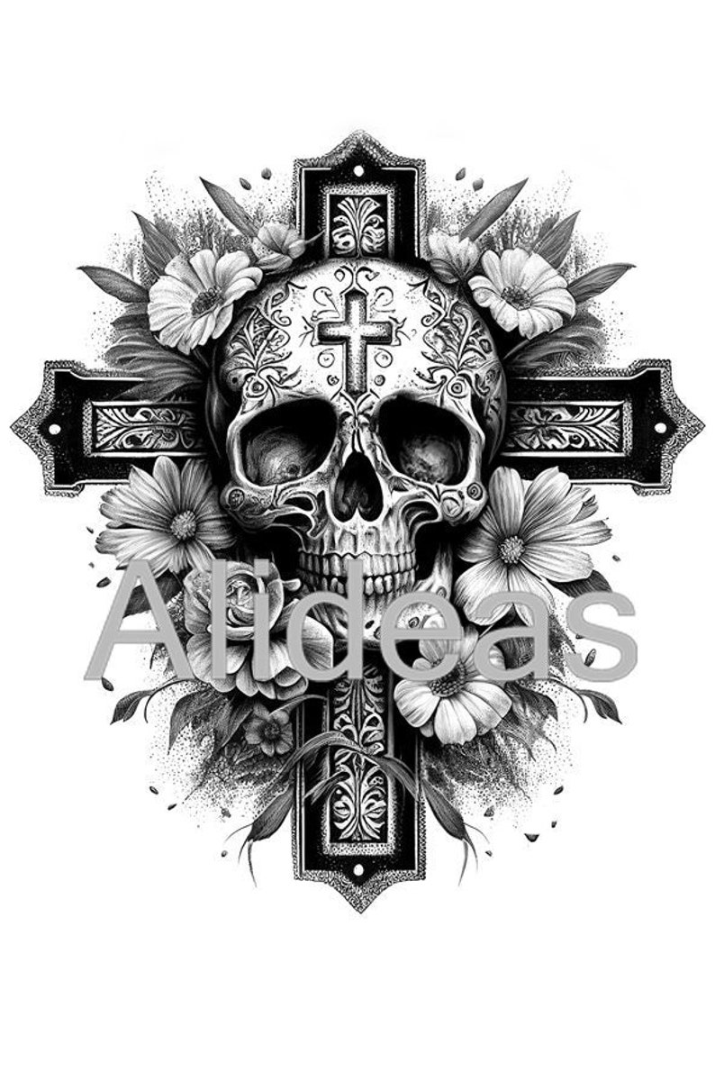Limited Edition Skull, Flowers, and Cross Tattoo Design – Chicano Style ...