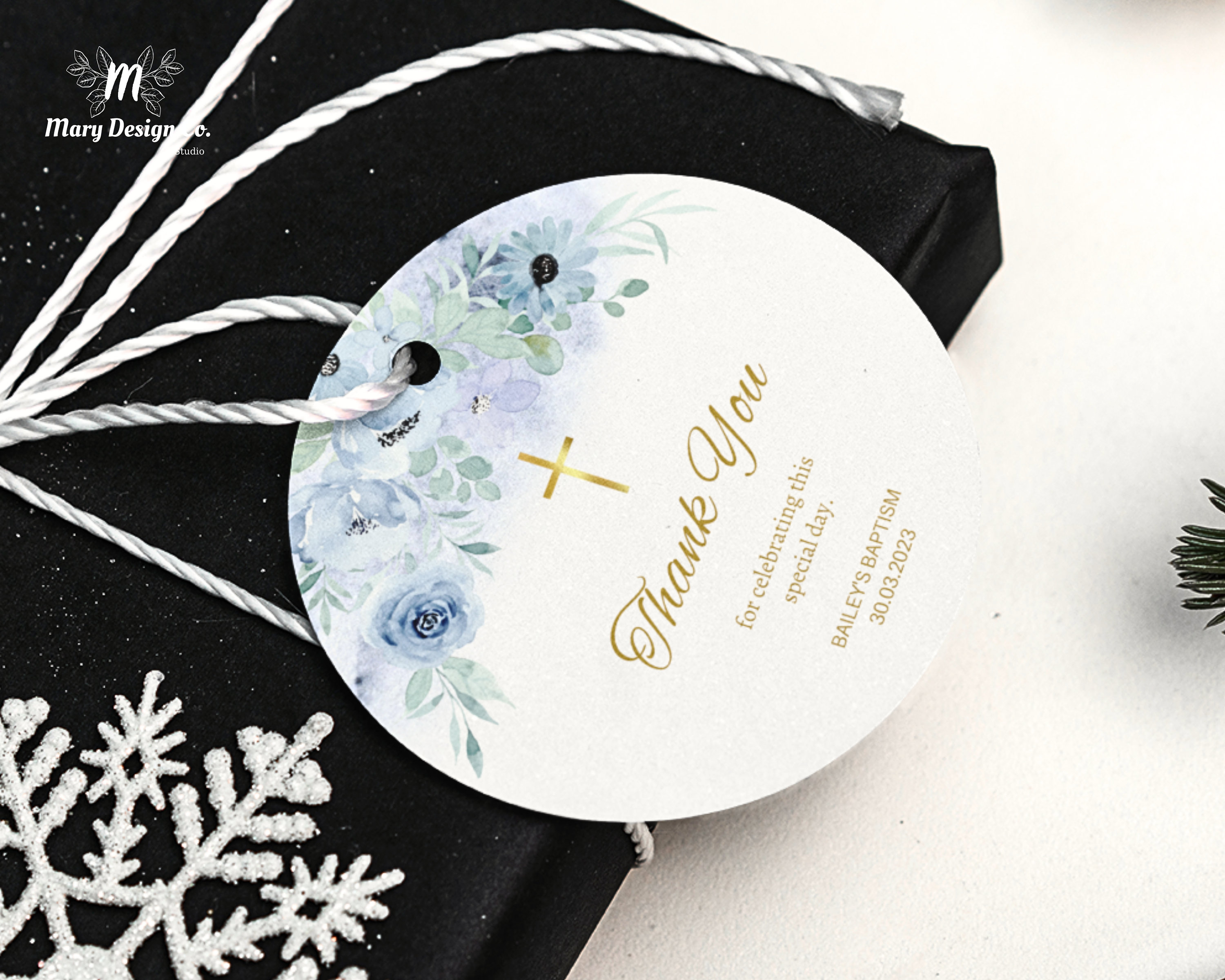 Baptism Thank You Tag Template, Blue Gold Christening Thank You Tag ...