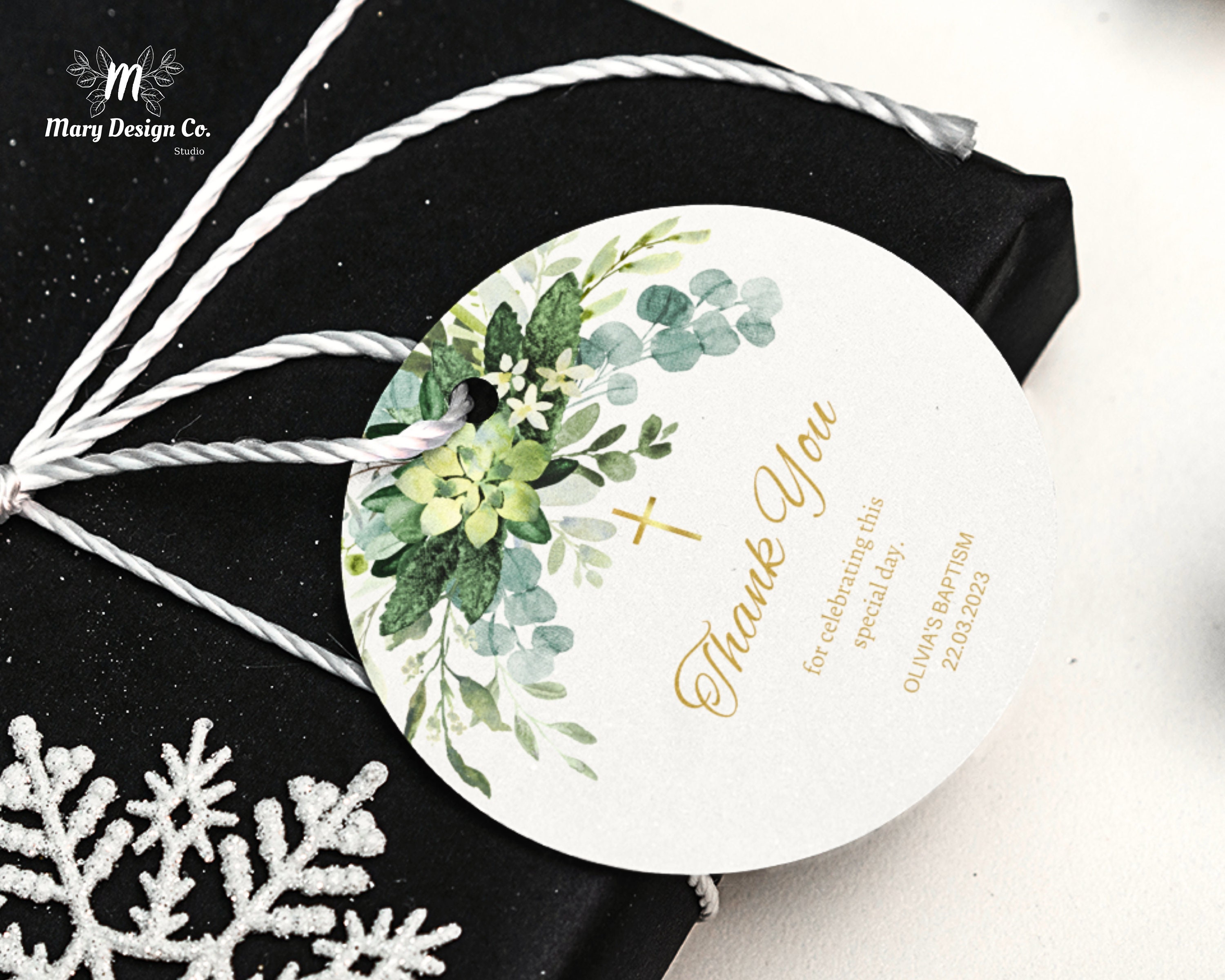 Baptism Thank You Tag Template, Greenery & Gold Christening Thank You ...