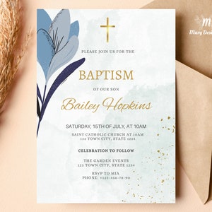 Personalized Baptism Invitation Template, Blue & Gold Floral (printable ...