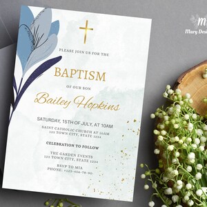 Personalized Baptism Invitation Template, Blue & Gold Floral (printable ...