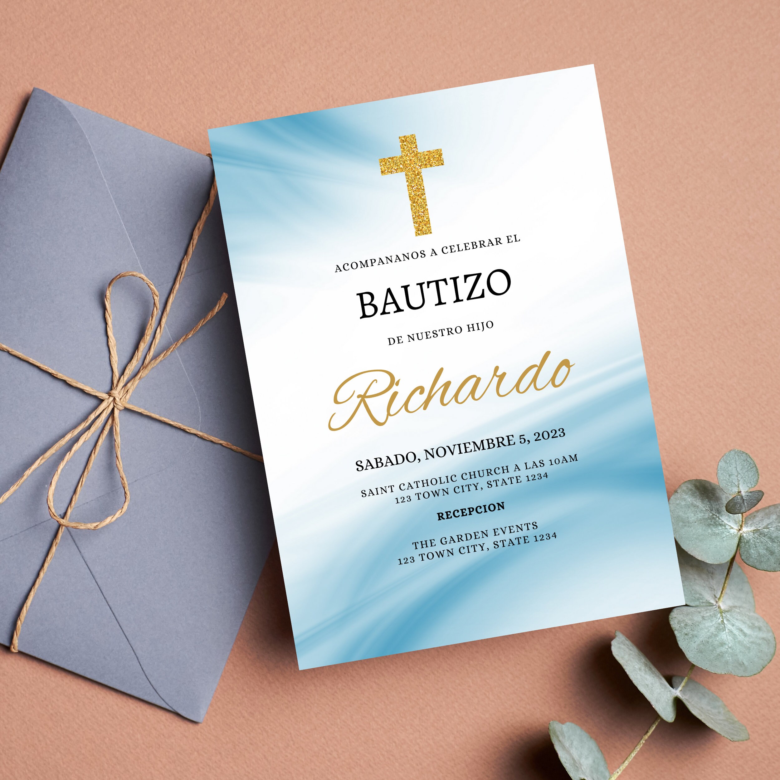 Blue Invitaciones De Bautizo Digitales, Spanish Baptism Invitation ...