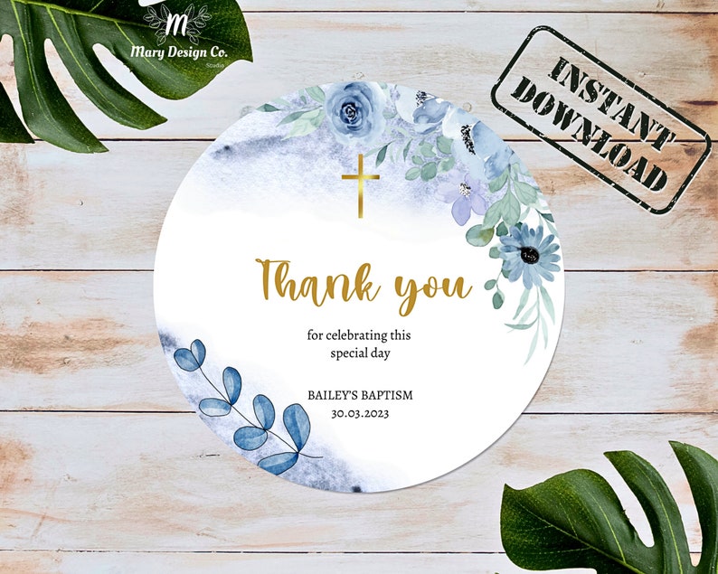 Blue Floral Baptism Thank You Tag Template (digital Download) - Etsy