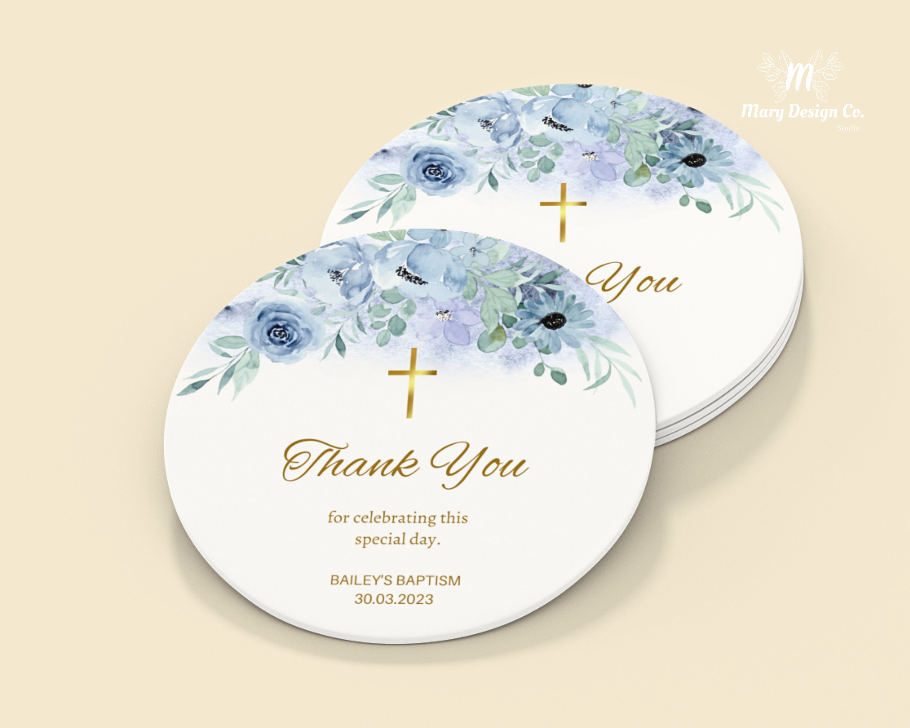 Baptism Thank You Tag Template, Blue Gold Christening Thank You Tag ...