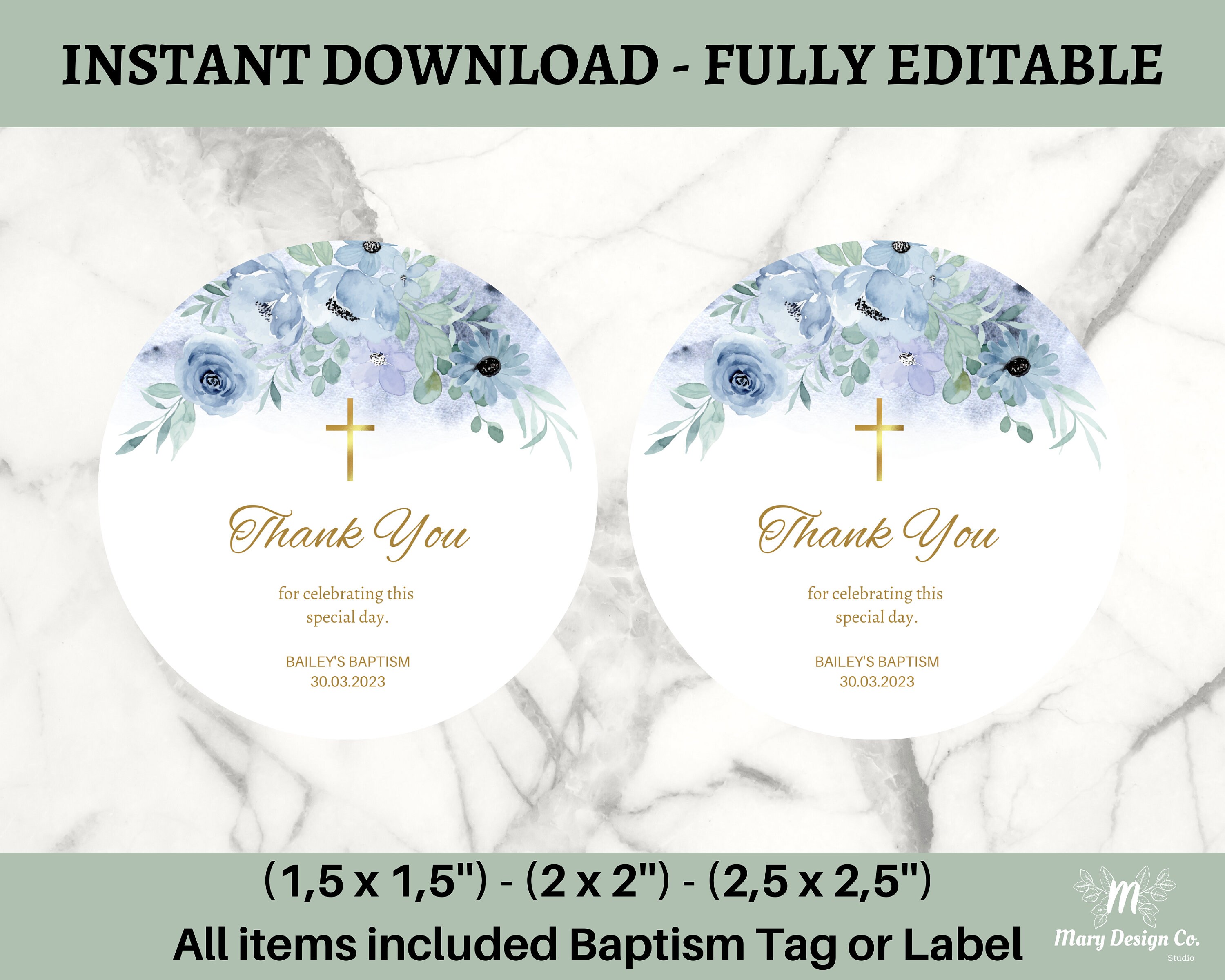Baptism Thank You Tag Template, Blue Gold Christening Thank You Tag ...