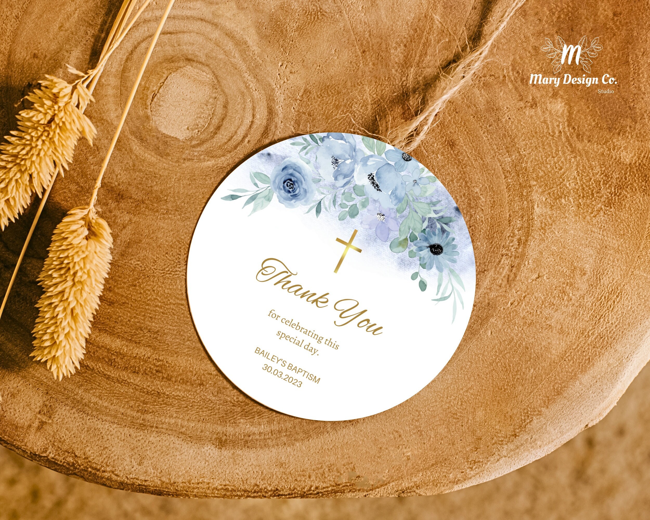 Baptism Thank You Tag Template, Blue Gold Christening Thank You Tag ...