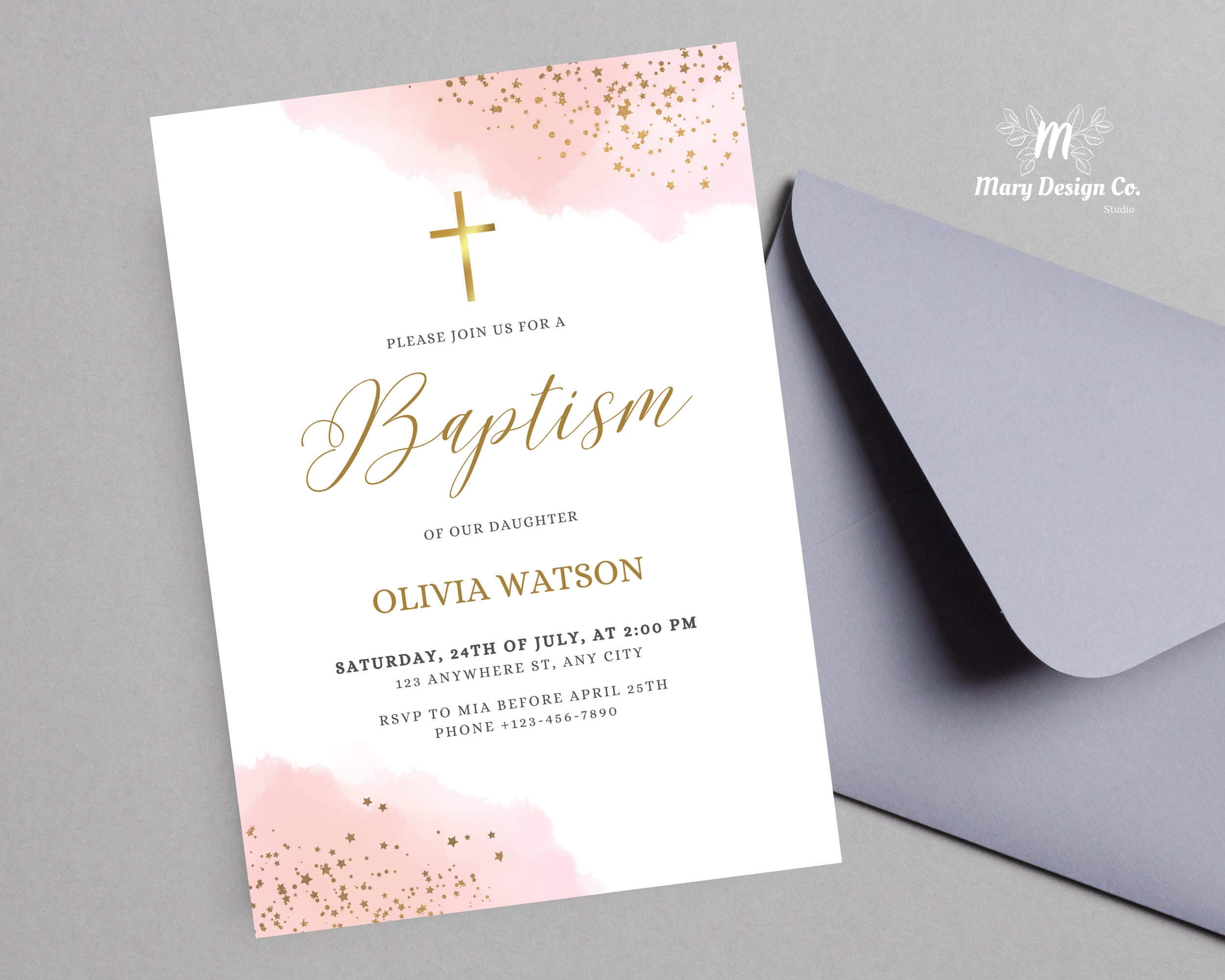 Pink Watercolor Baptism Digital Invitation, Pink Gold Invitation ...