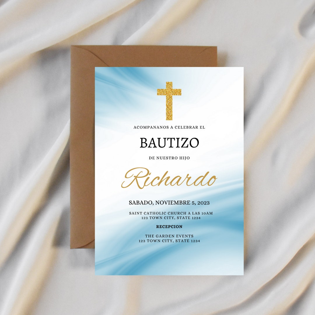 Blue Invitaciones De Bautizo Digitales, Spanish Baptism Invitation ...