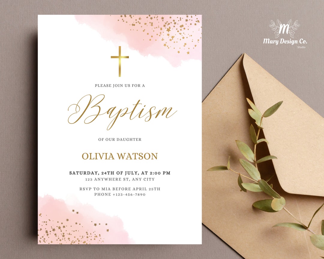 Pink Watercolor Baptism Digital Invitation, Pink Gold Invitation ...