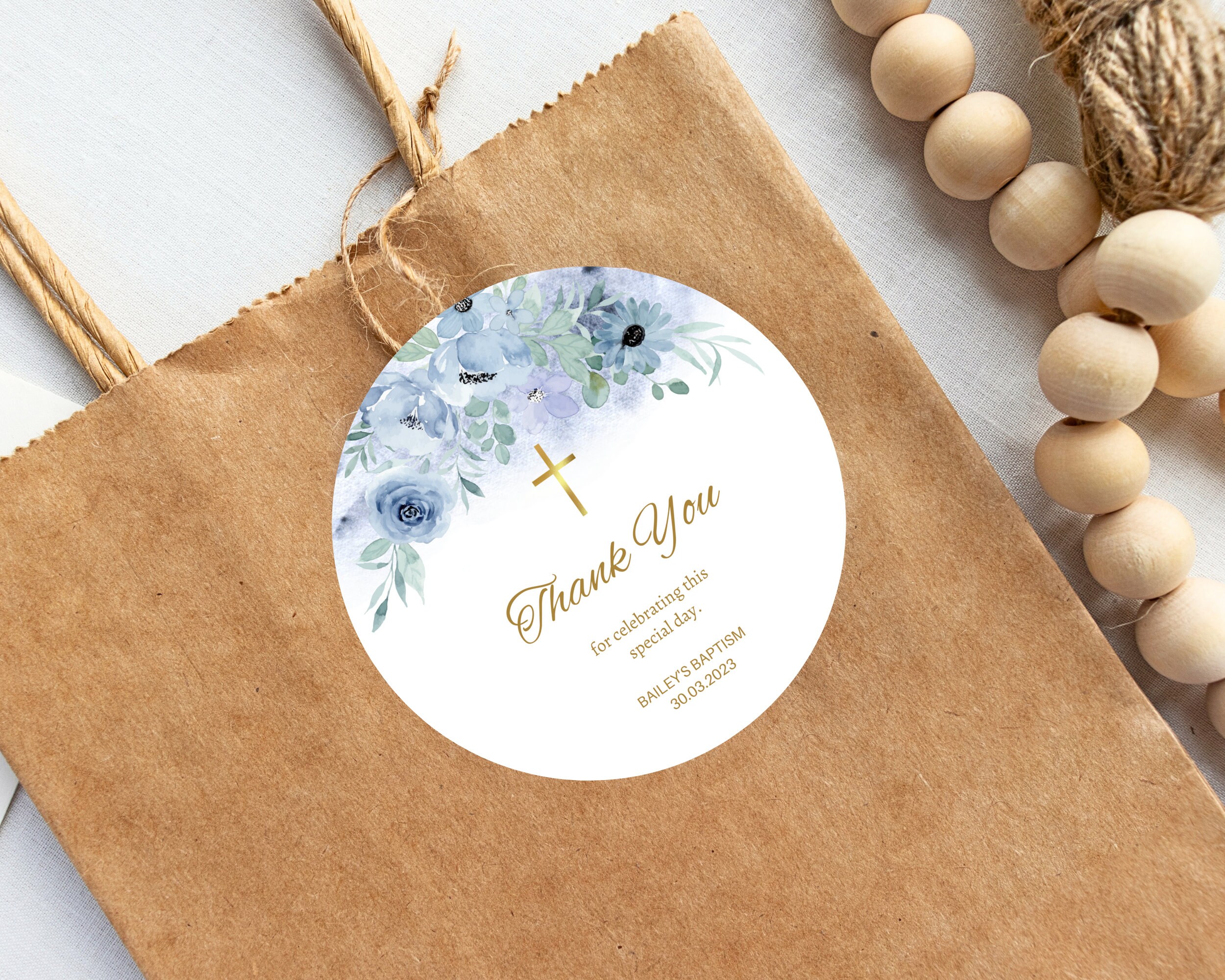 Baptism Thank You Tag Template, Blue Gold Christening Thank You Tag ...