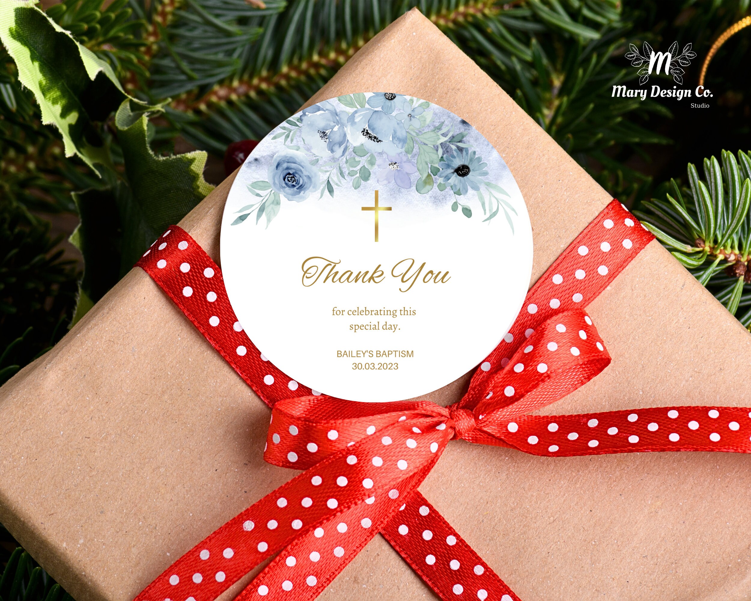 Baptism Thank You Tag Template, Blue Gold Christening Thank You Tag ...