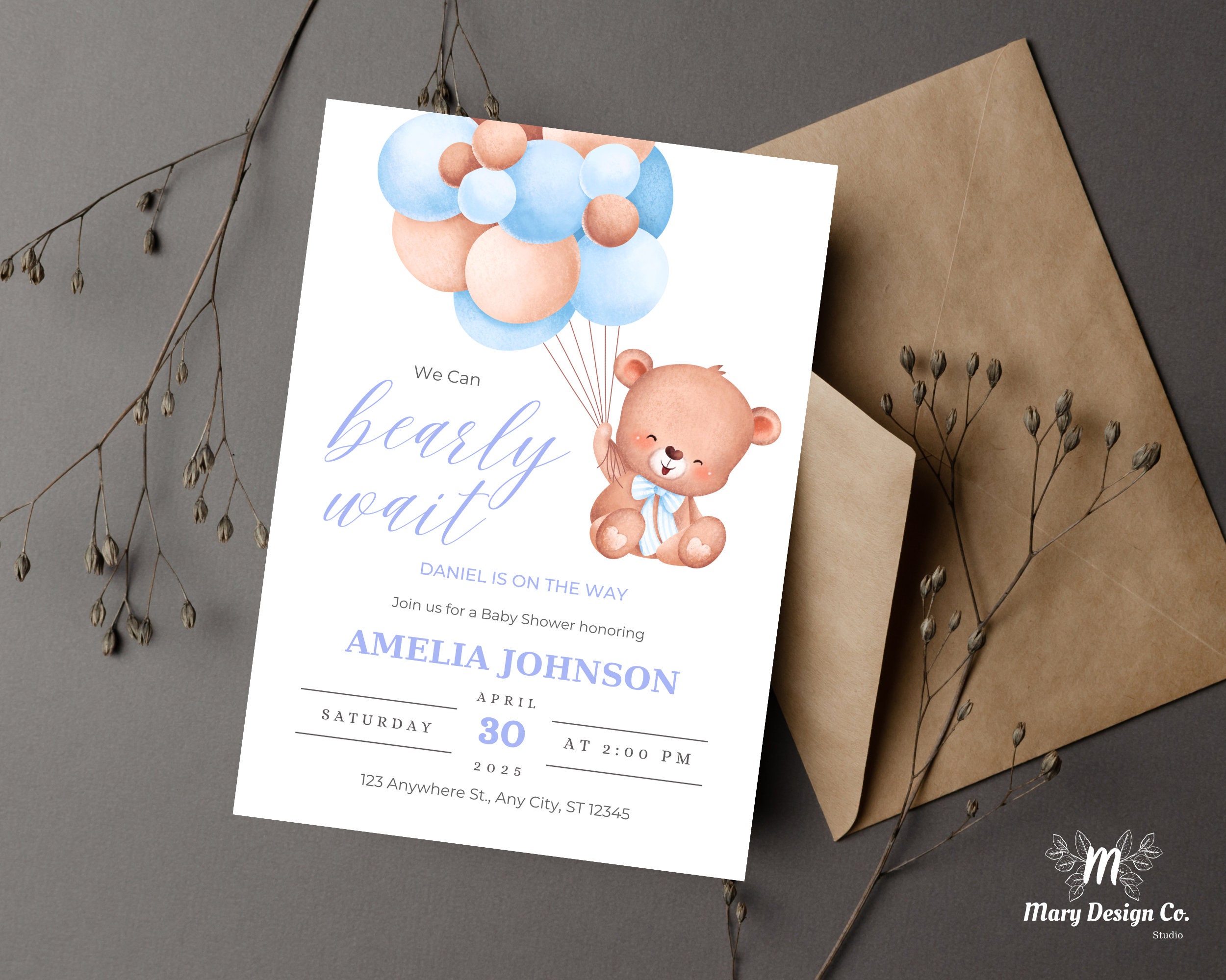 Baby Shower Bear Invitation Template, Balloons Baby Shower Invitation ...