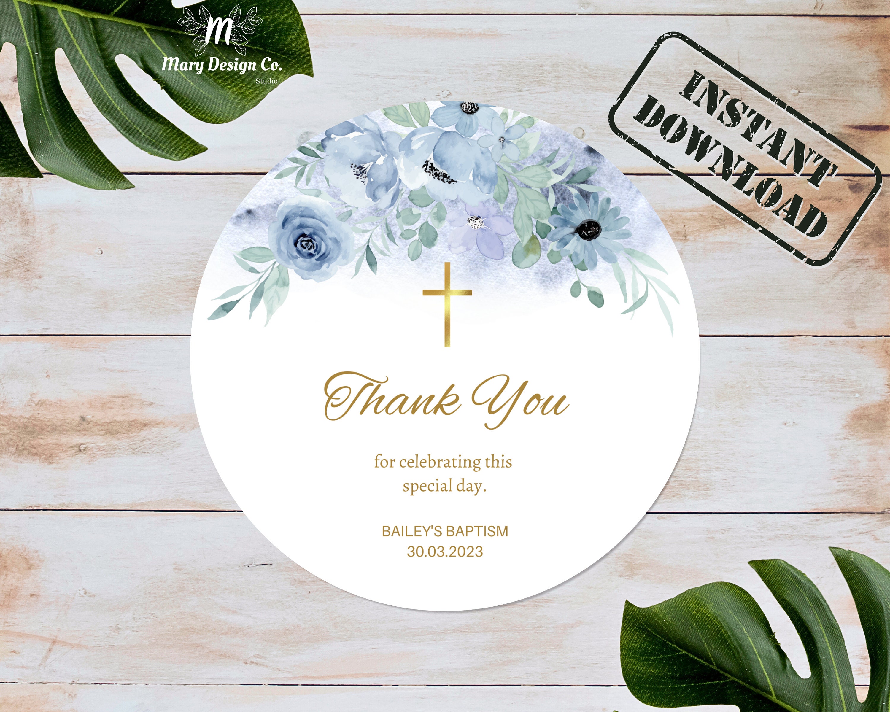 Baptism Thank You Tag Template, Blue Gold Christening Thank You Tag ...