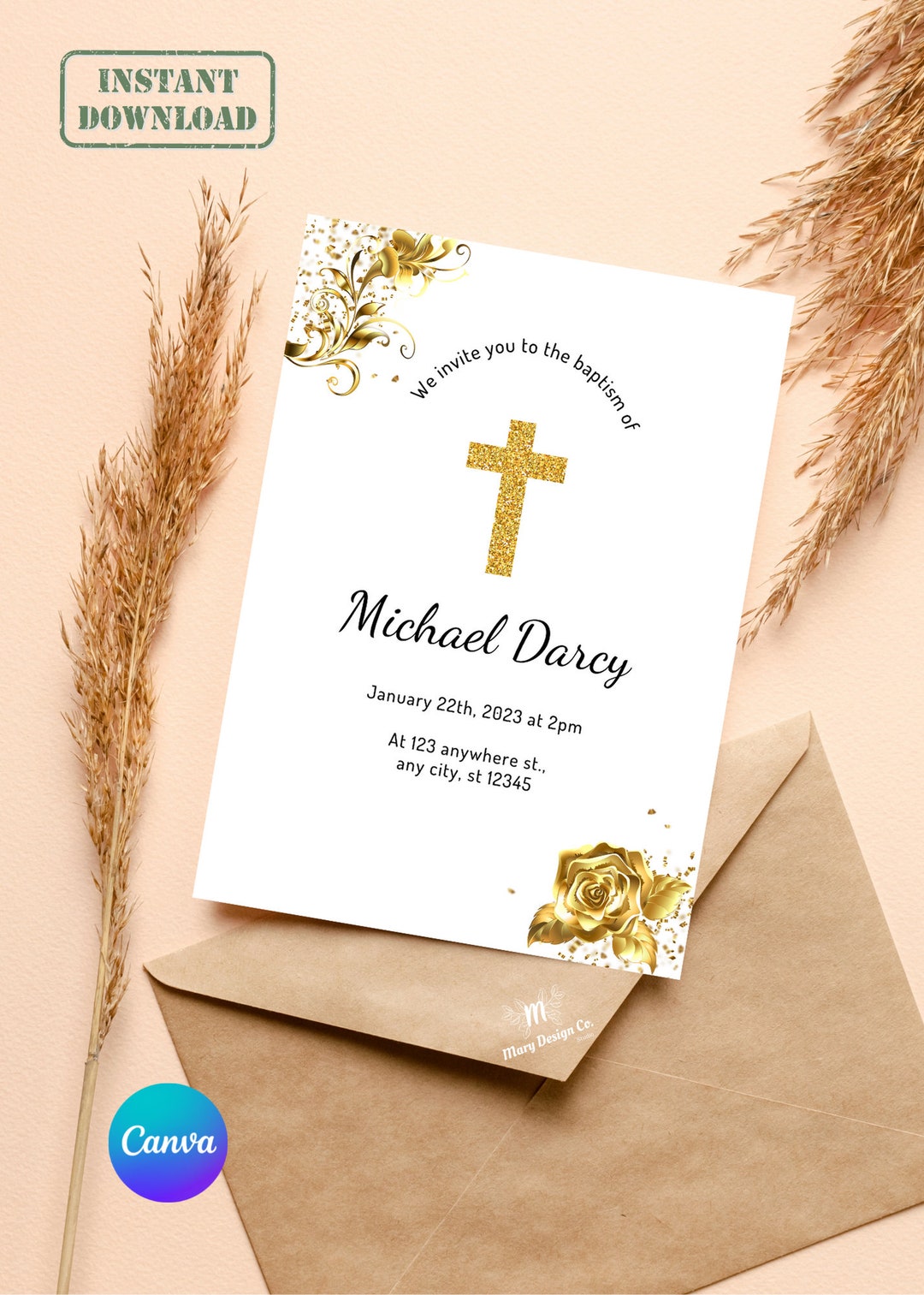 Personalized Baptism Invitation Template, Gold Cross, Elegant ...
