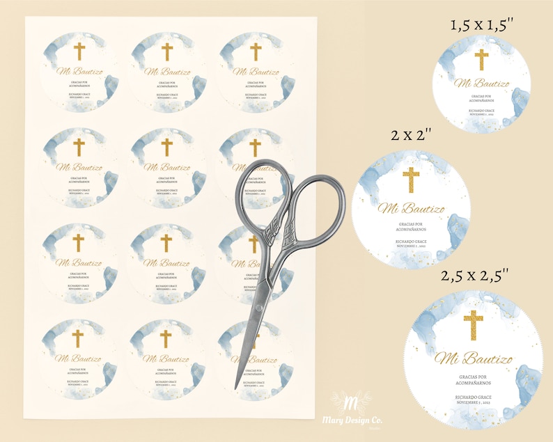 Editable Mi Bautizo Stickers, Spanish Favor Tag, Boy Baptism Sticker ...