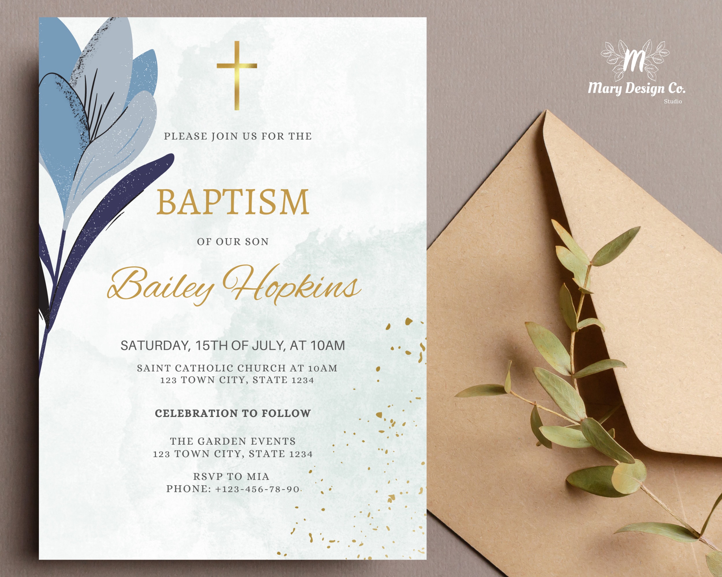 Personalized Baptism Invitation Template, Blue & Gold Floral (printable ...