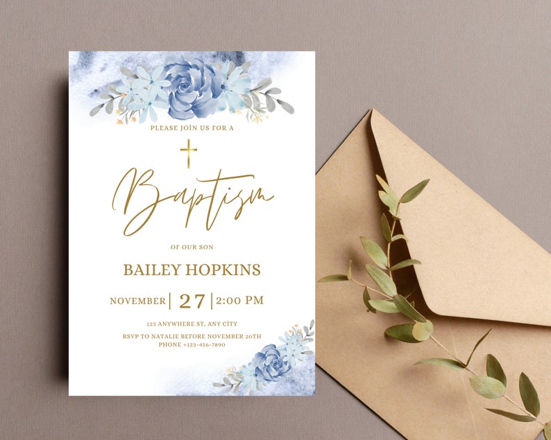 Baby Boy Baptism Invitation Template, Editable Christening Invitation ...