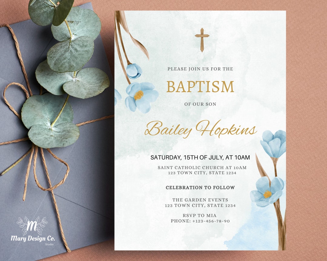 Blue Floral Baptism Invitation Template, Watercolour Boy Christening ...