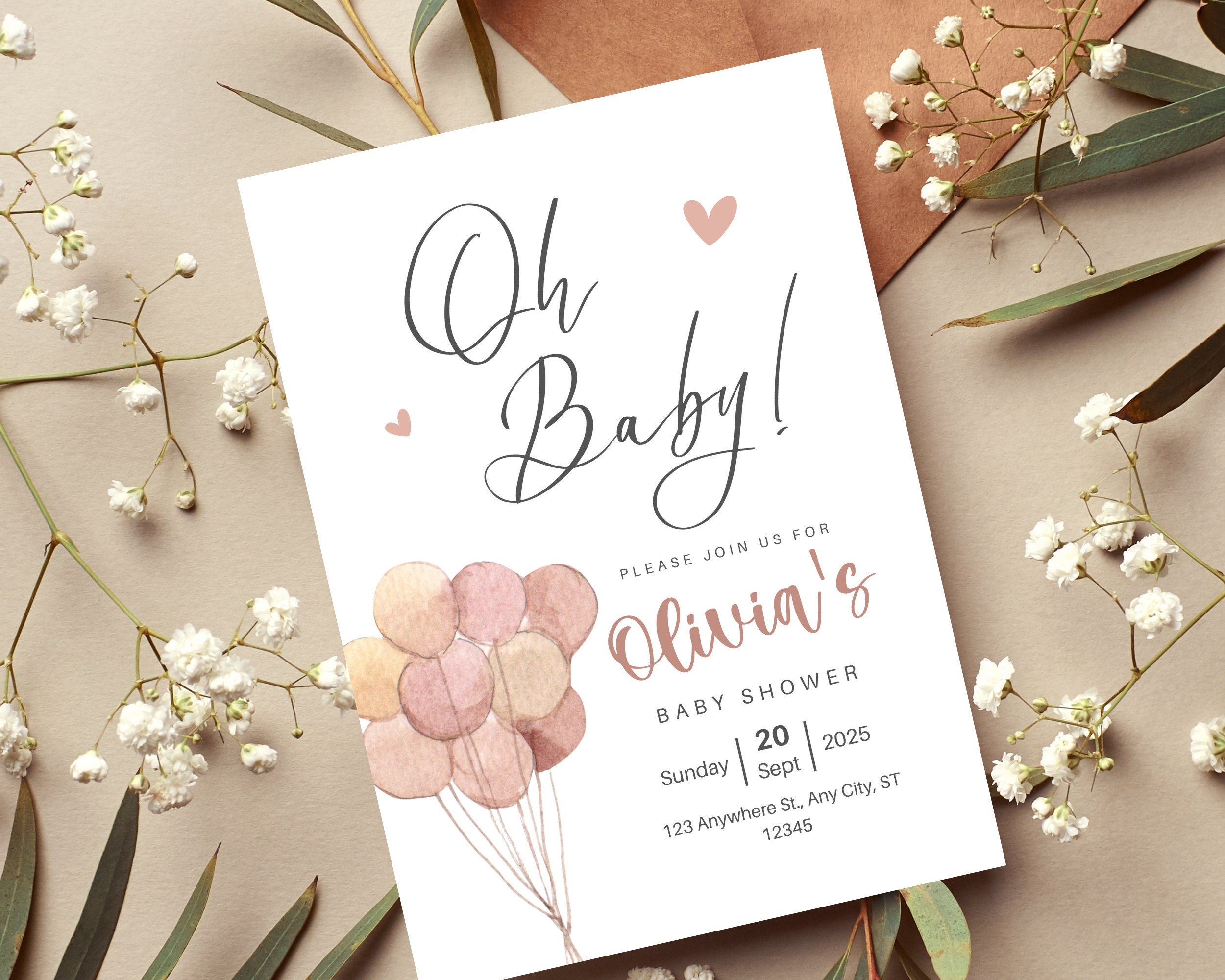 Balloons Baby Shower Invitation Template, Boho Baby Shower, Editable ...