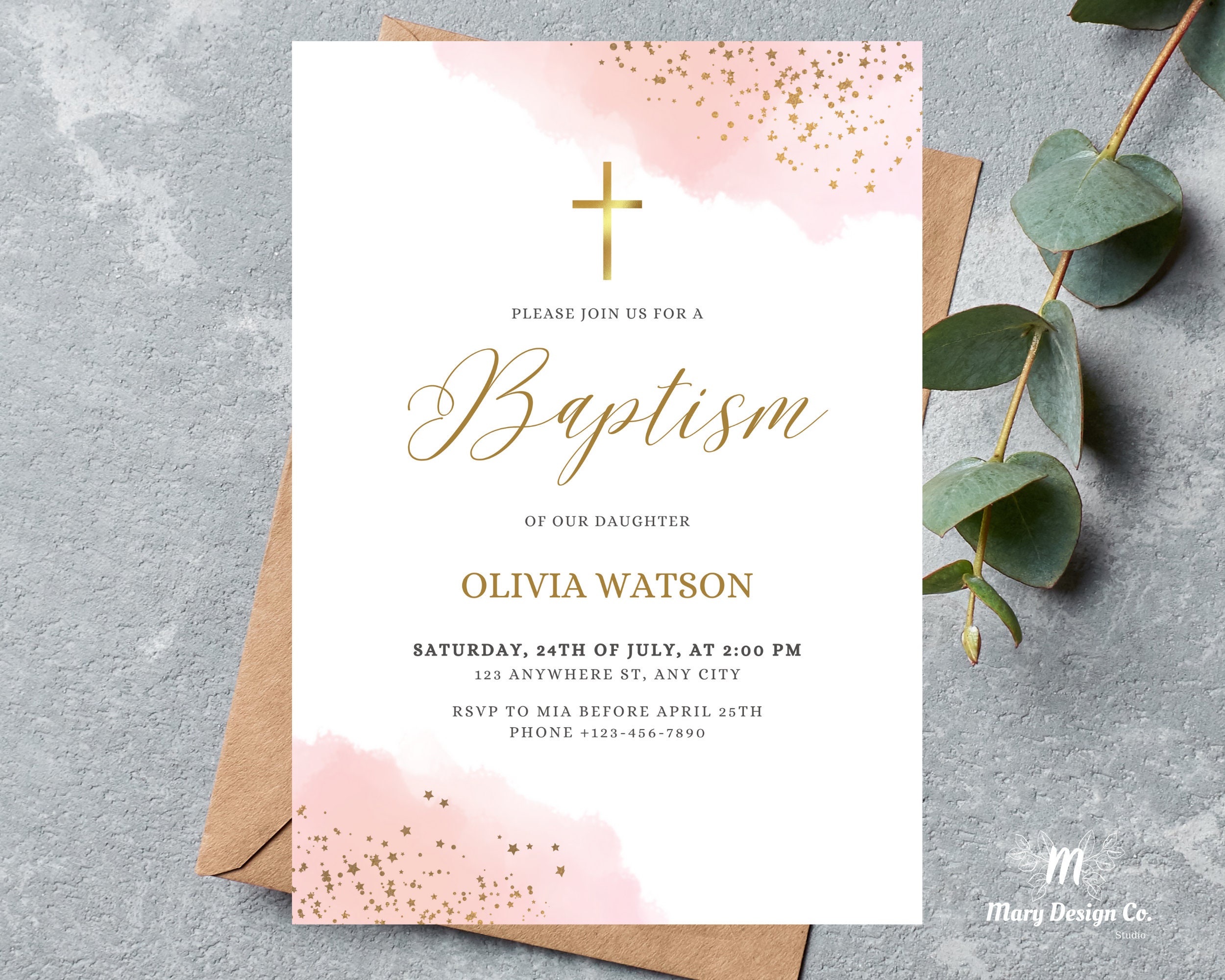 Pink Watercolor Baptism Digital Invitation Pink Gold - Etsy