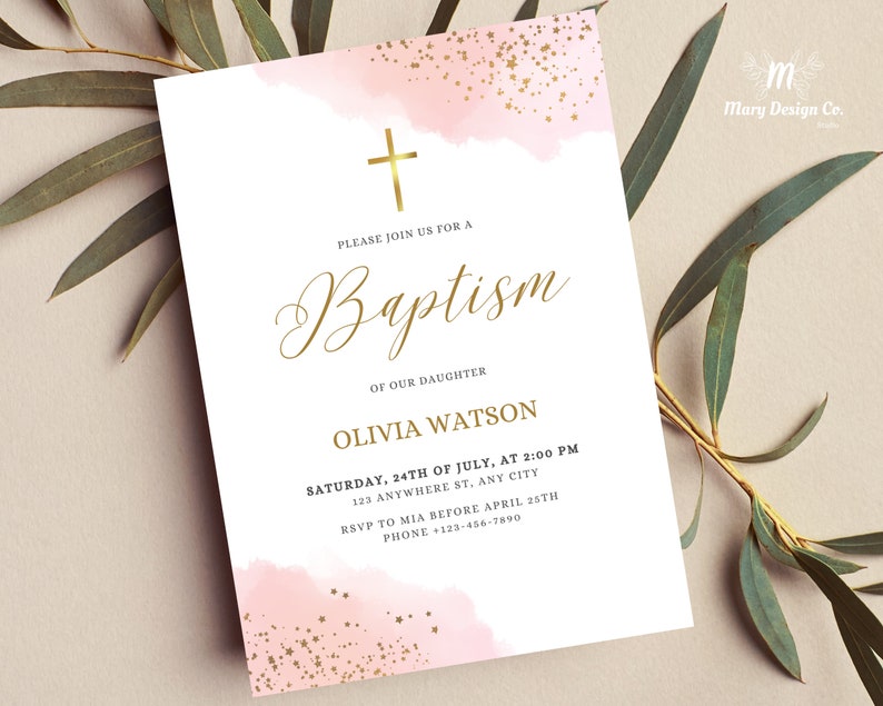 Pink Watercolor Baptism Digital Invitation Pink Gold - Etsy