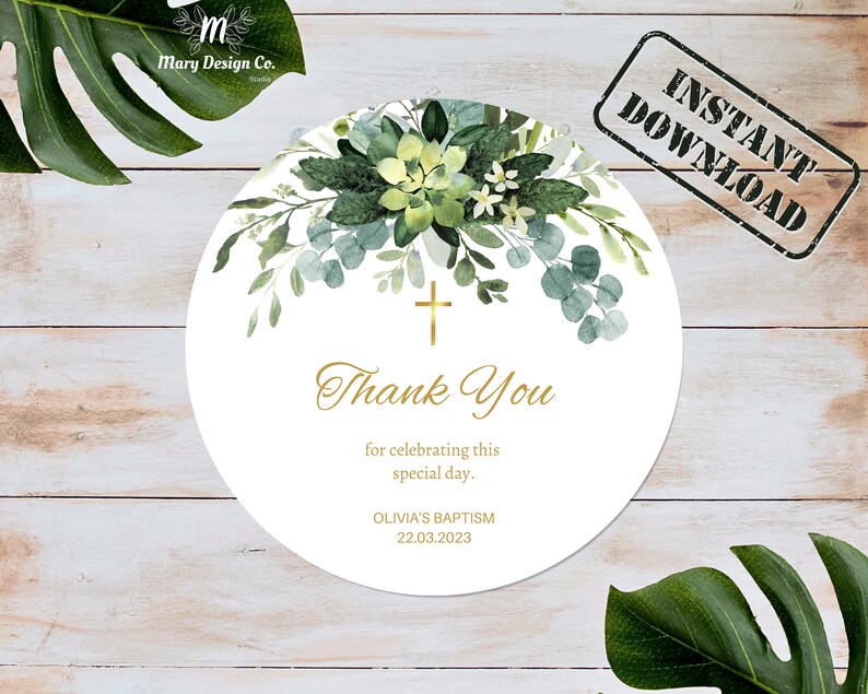 Baptism Thank You Tag Template, Greenery & Gold Christening Thank You ...