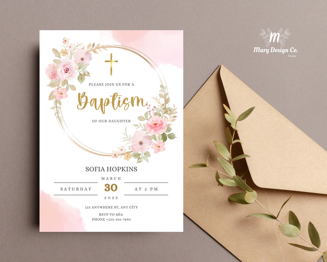 Pink Girls Baptism Invitation, Baby Girl Baptism, Pink Watercolor, Pink ...