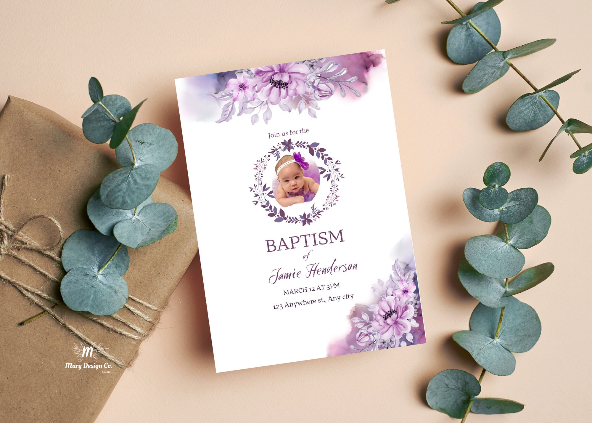 Sunflower Baptism Invitation Template, Personalized Baptism Card, Baby ...