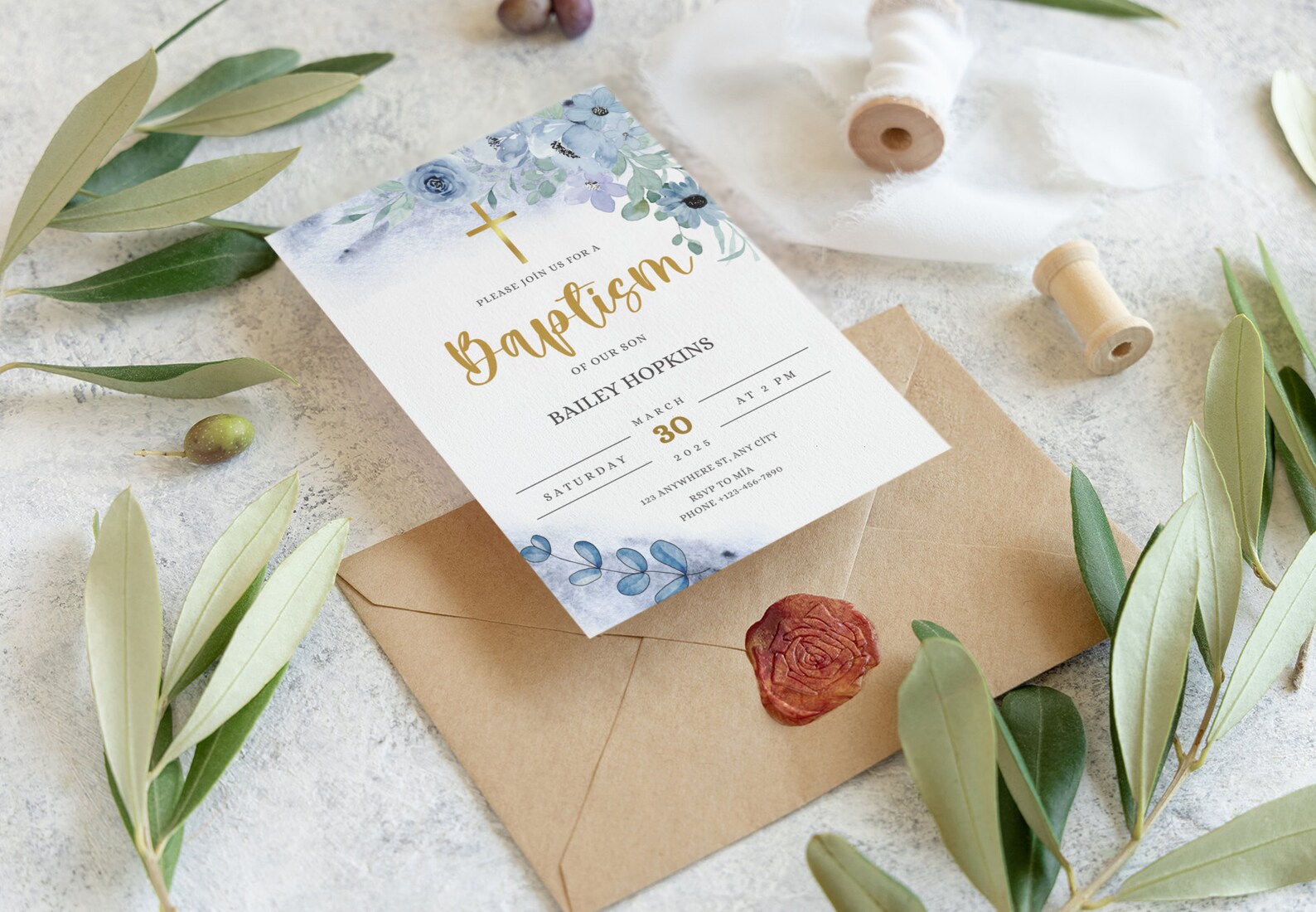 Editable Baptism Invitation Template, Christening Invite, Boy Baptism ...