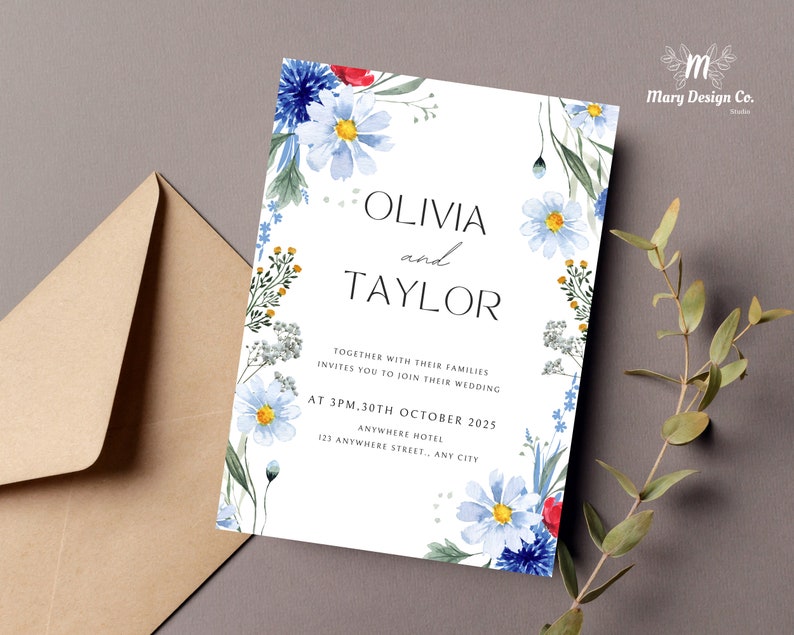 Watercolor Wildflower Wedding Invitation Template, Botanical Invitation ...