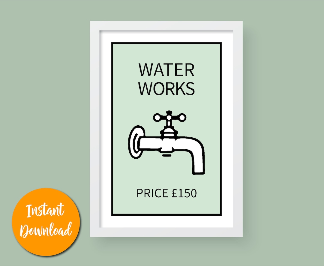 Waterworks Bathroom Print Monopoly Card Bathroom Wall Decor Bathroom ...