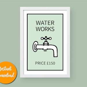 Waterworks Bathroom Print Monopoly Card Bathroom Wall Decor Bathroom ...