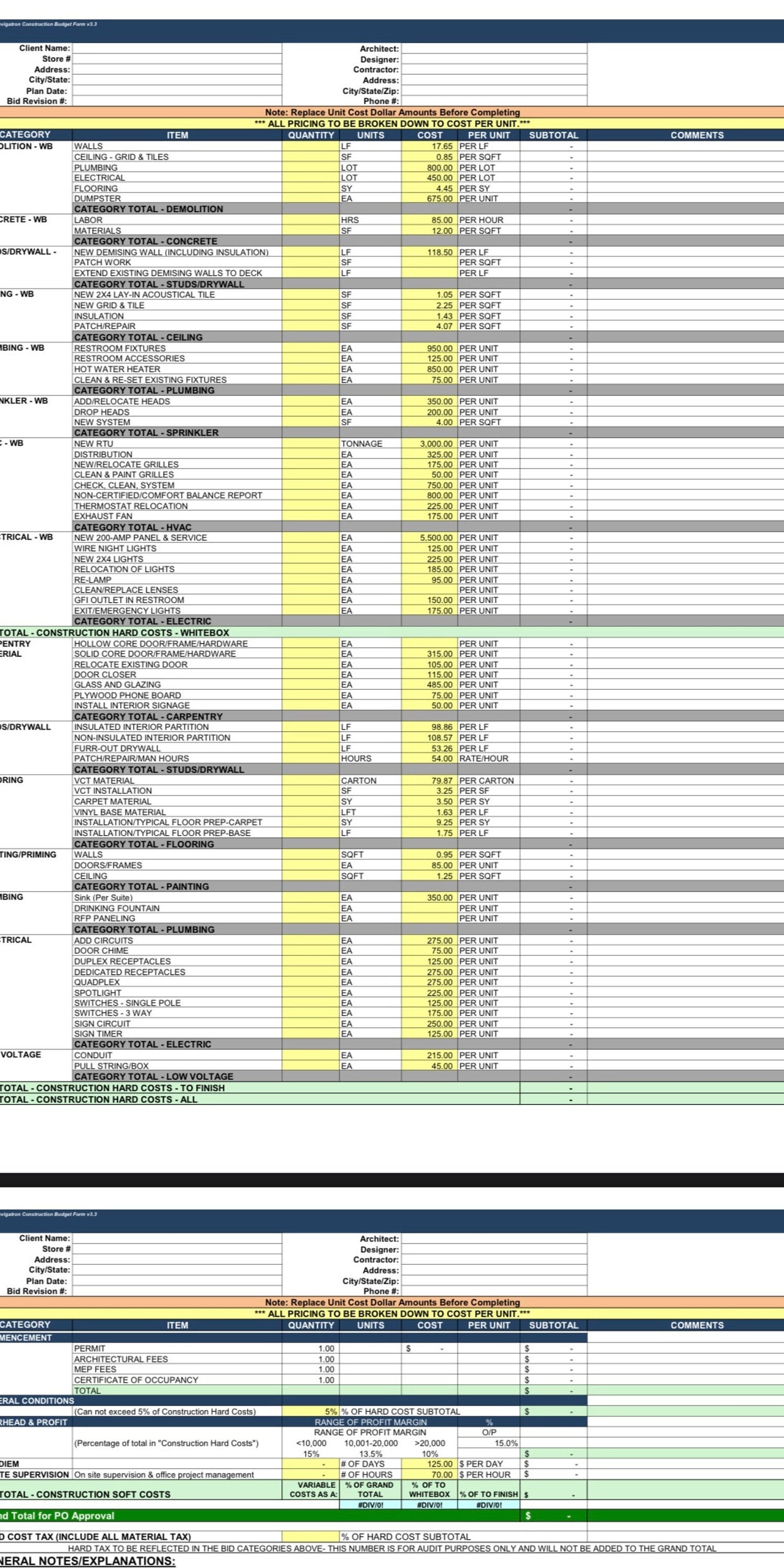Construction Cost Estimate Template Excel