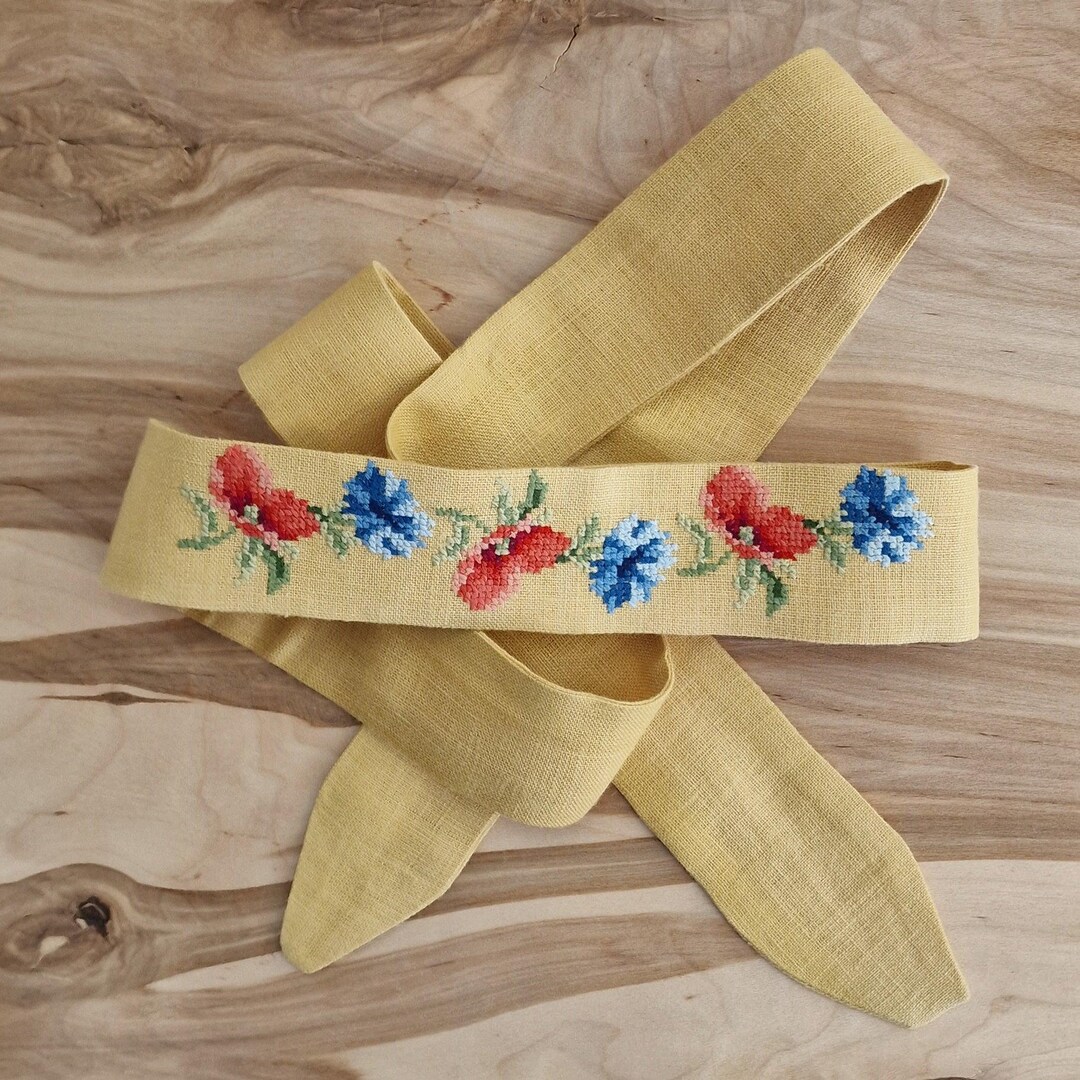 Handmade Light Yellow Linen Belt With Embroidered Flowers (RECE 33) - Etsy