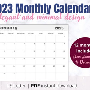 2023 Monthly Calendar Printable, Minimal Calendar, Minimalist Planner ...