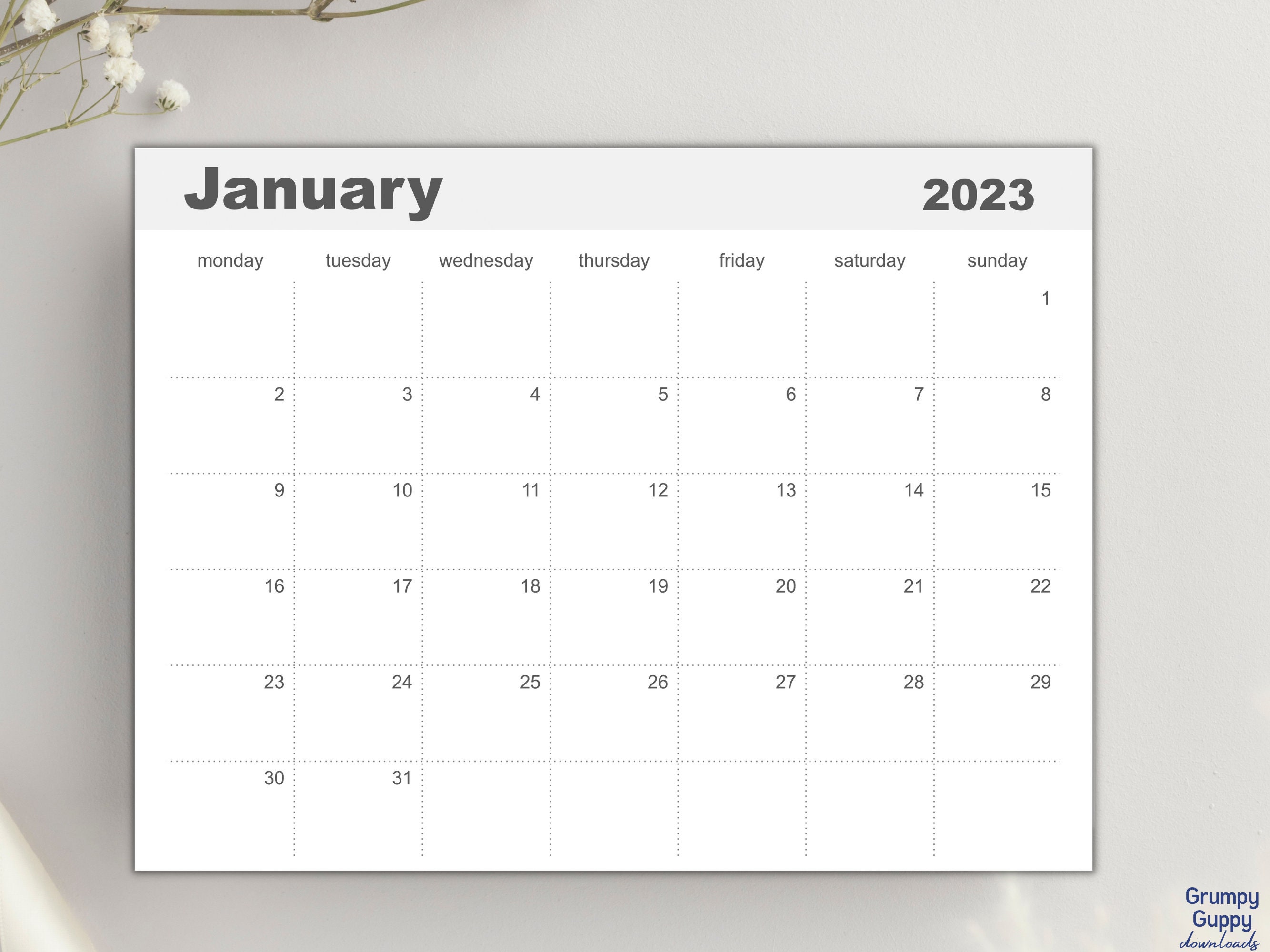 2023 Monthly Calendar Printable, Minimal Calendar, Minimalist Planner ...