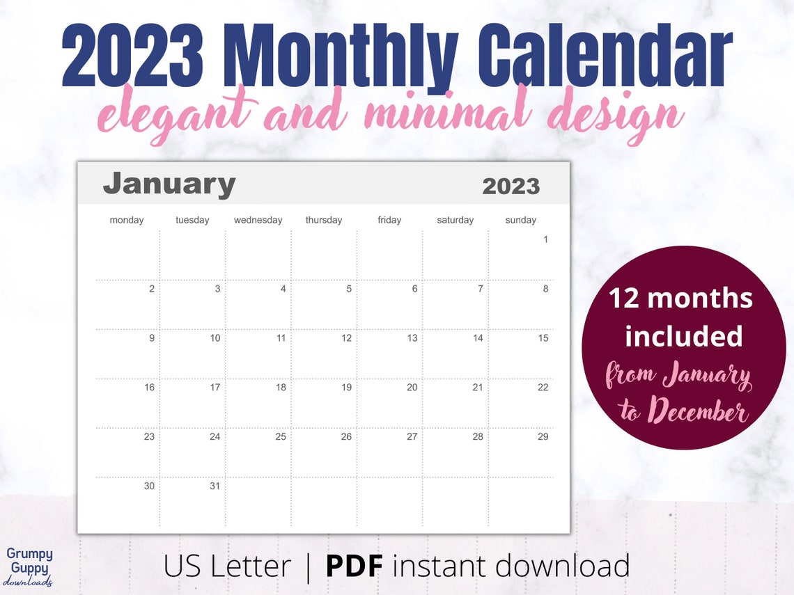 2023 Monthly Calendar Printable, Minimal Calendar, Minimalist Planner ...
