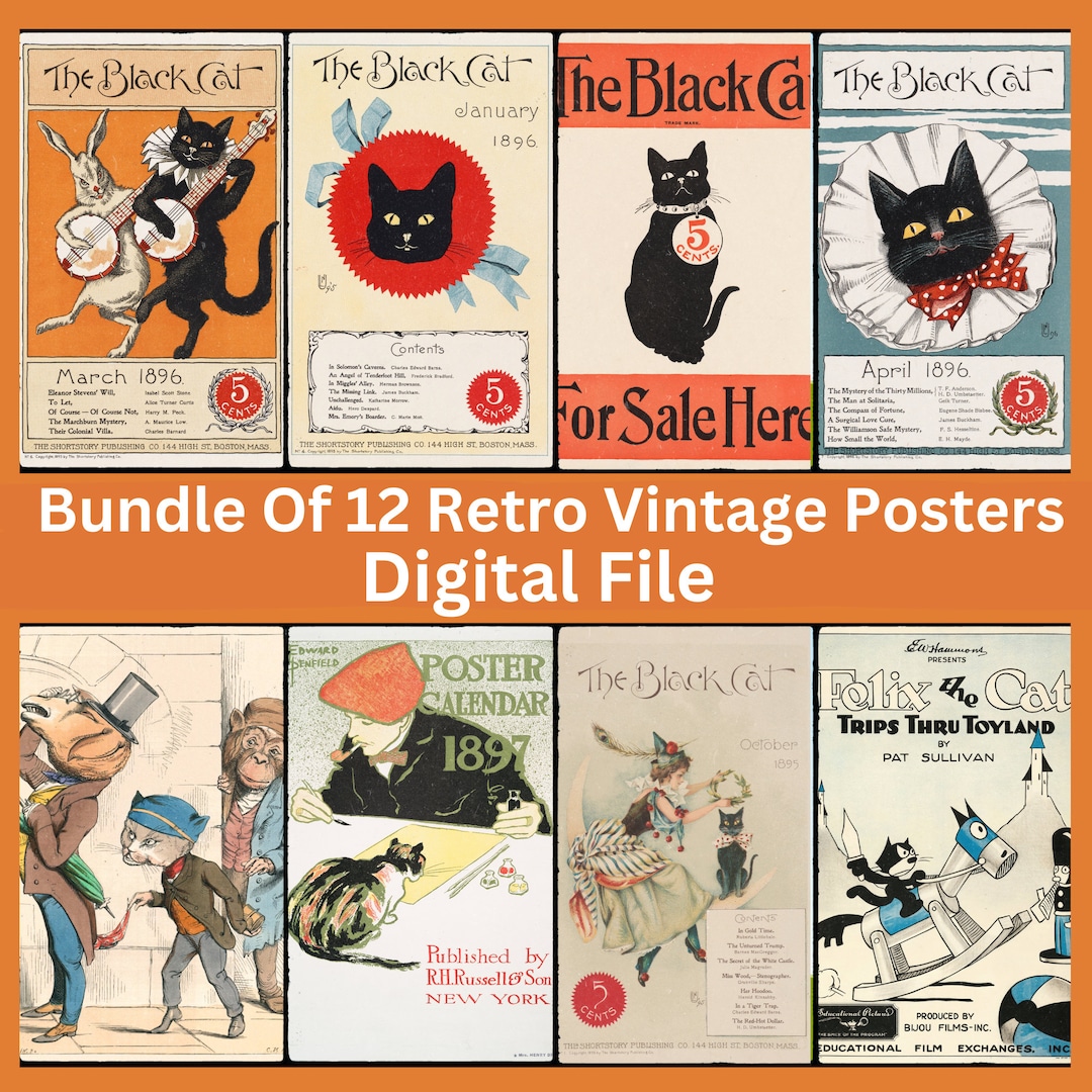 Retro Vintage Cat Illustrations 20 Print Bundle| Funny Black Cat, | Cat ...