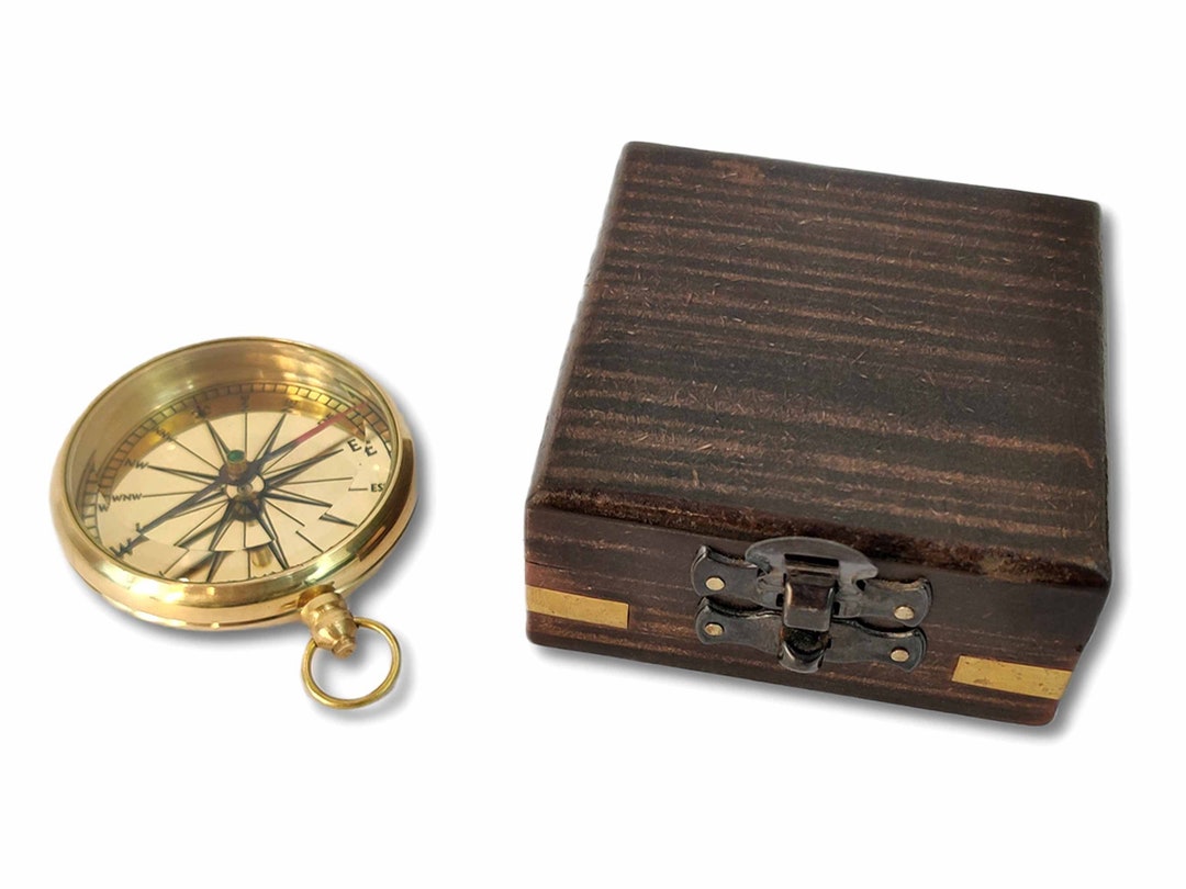 Vintage Modern Directional Poem Compass With Wooden Carry Box, Shiny ...