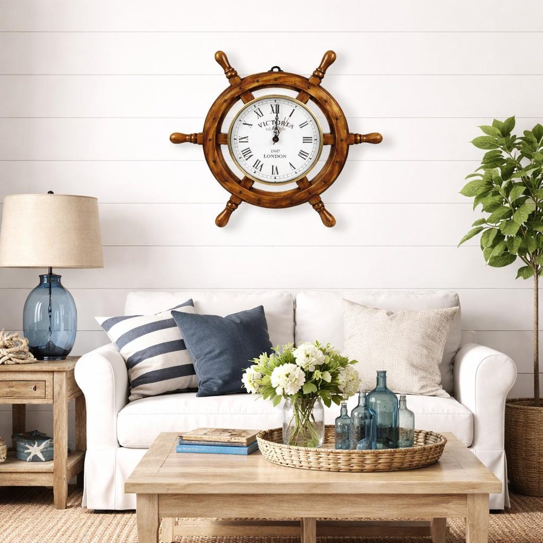 Handcrafted Wooden Ship Wheel Clock | Nautical Wall Decor, 18", Roman ...