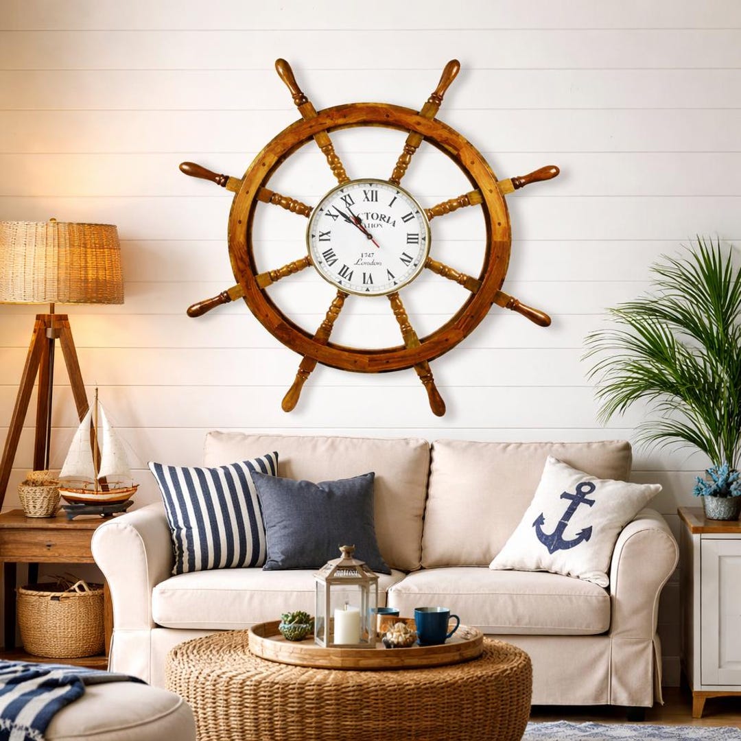 Handcrafted Wooden Ship Wheel Clock | Nautical Wall Decor, 36", Roman ...