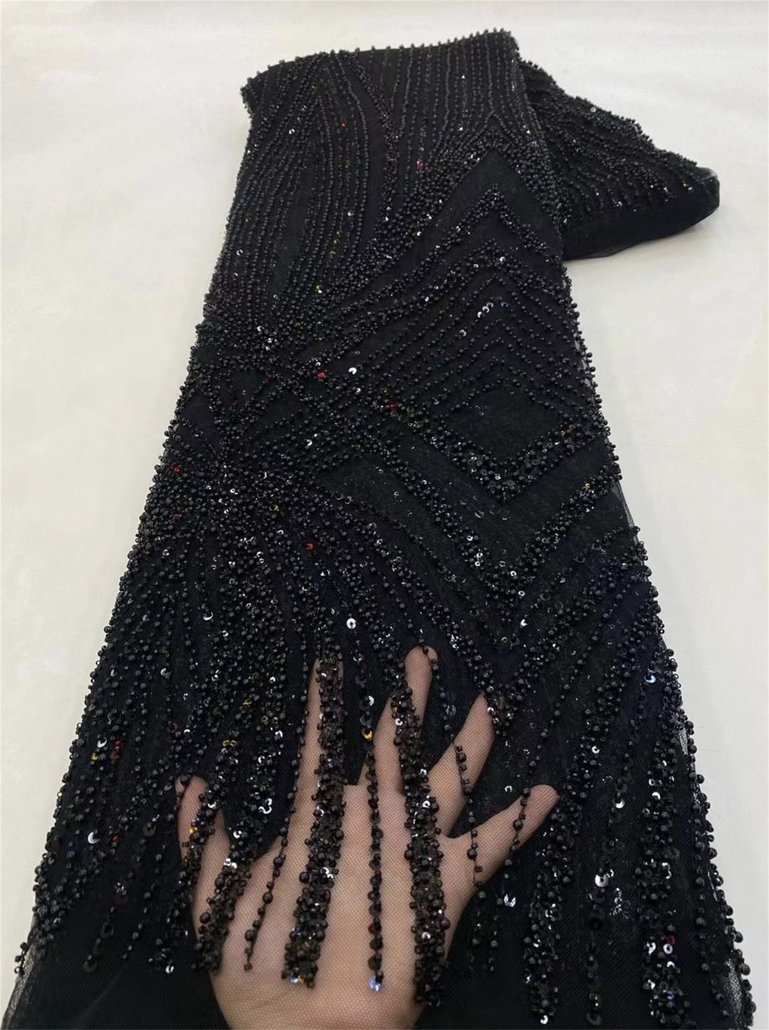Black Heavy Beaded Lace Fabric, Sequined Mesh Fabric, High-end Clothing ...