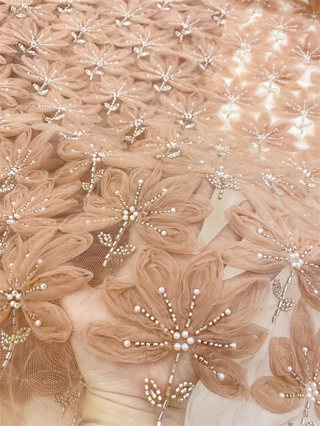 3D Tulle Floral Fabric, Beaded Tulle Fabric, for Bridal Gown and Baby ...
