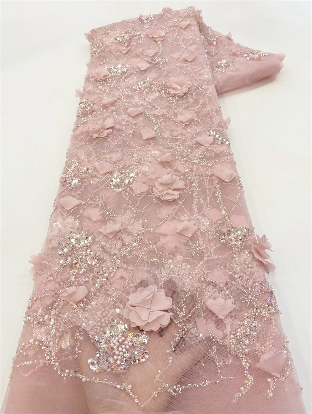 Pink 3D Floral Sequin Lace Fabric, Beaded Fabric, Chiffon Floral Tulle ...