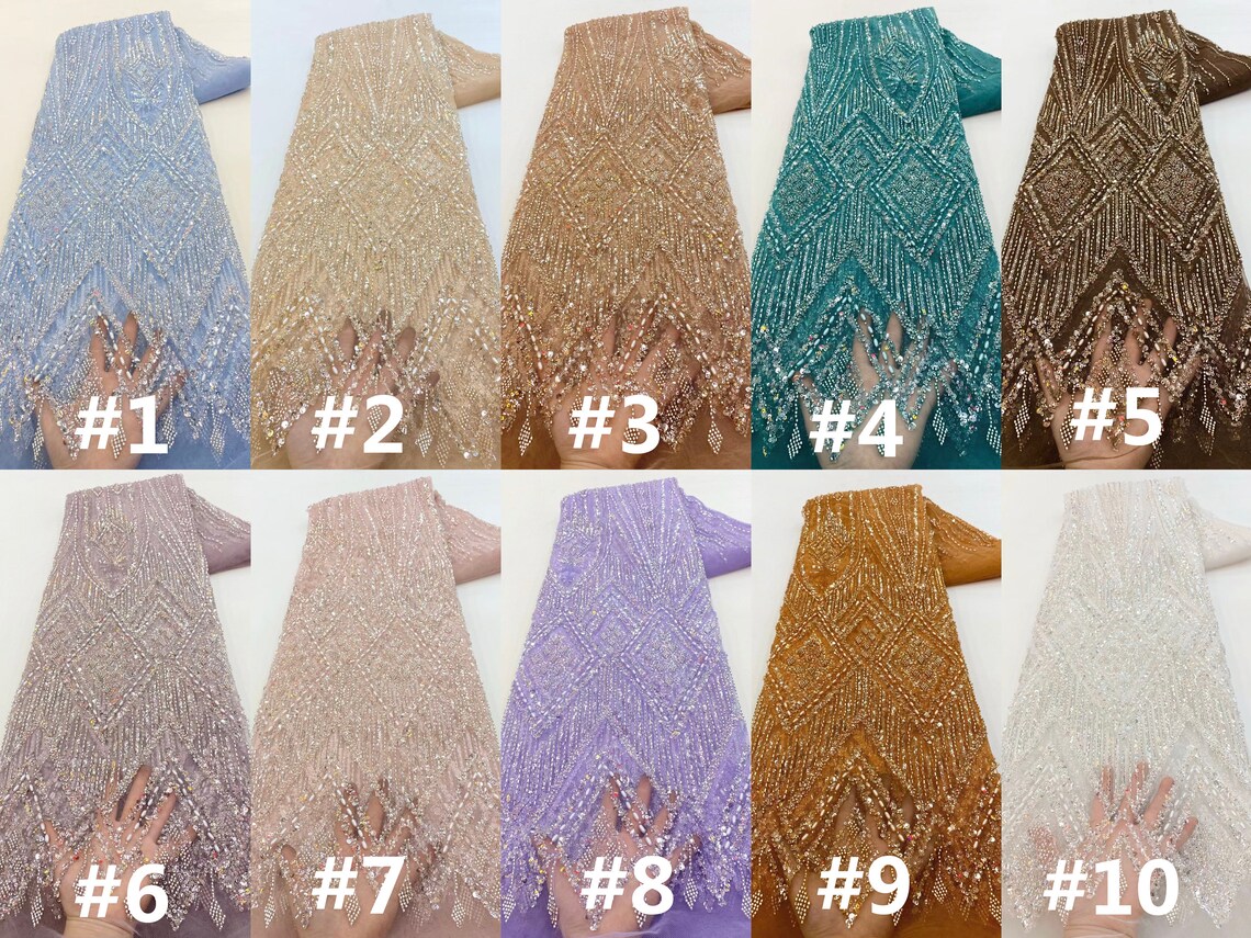 Purple Rhombus Heavy Beaded Lace Fabric, Sequined Tulle Fabric, Bridal ...