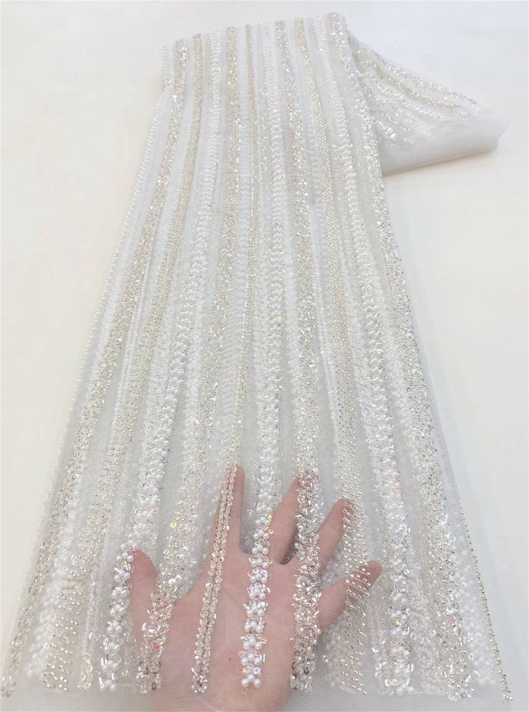 Heavy Beaded Sequin Lace Fabric, Sequin Mesh Fabric, DIY Wedding Bridal ...