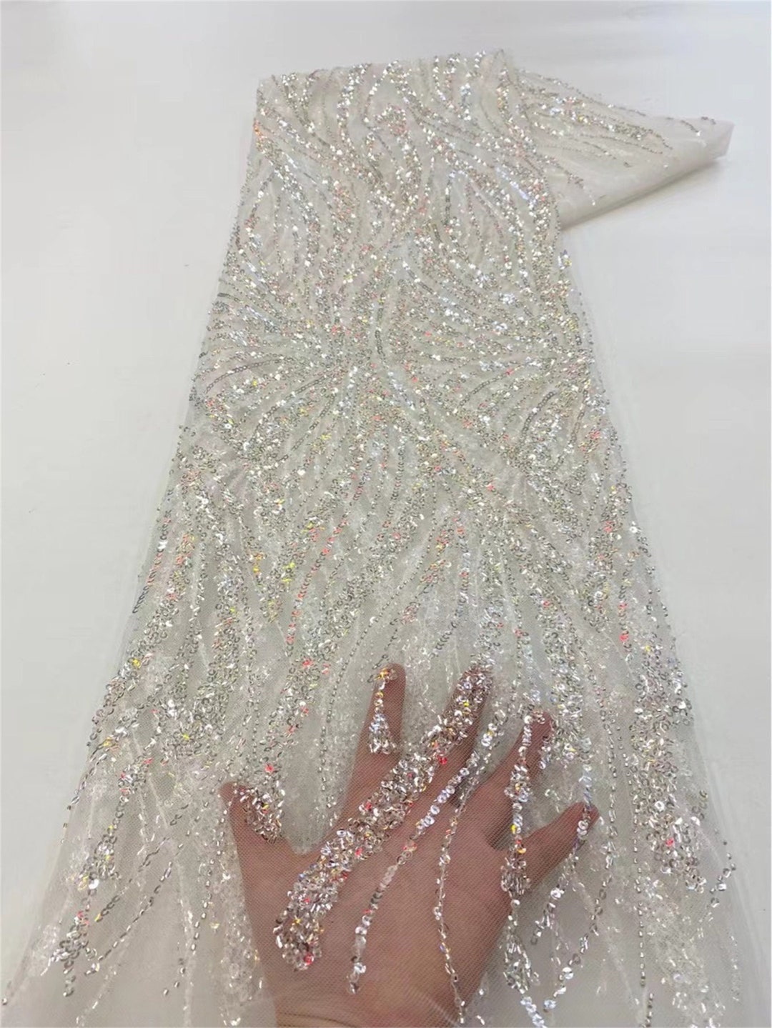 White Heavy Beaded Lace Fabric, Sequin Beaded Mesh, Fashion Fabric ...