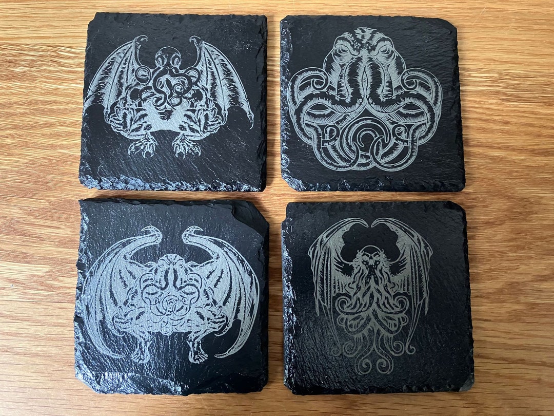 Set of 4 With Stand - Cthulhu Inspired Slate Coasters - 100mm X 100mm ...