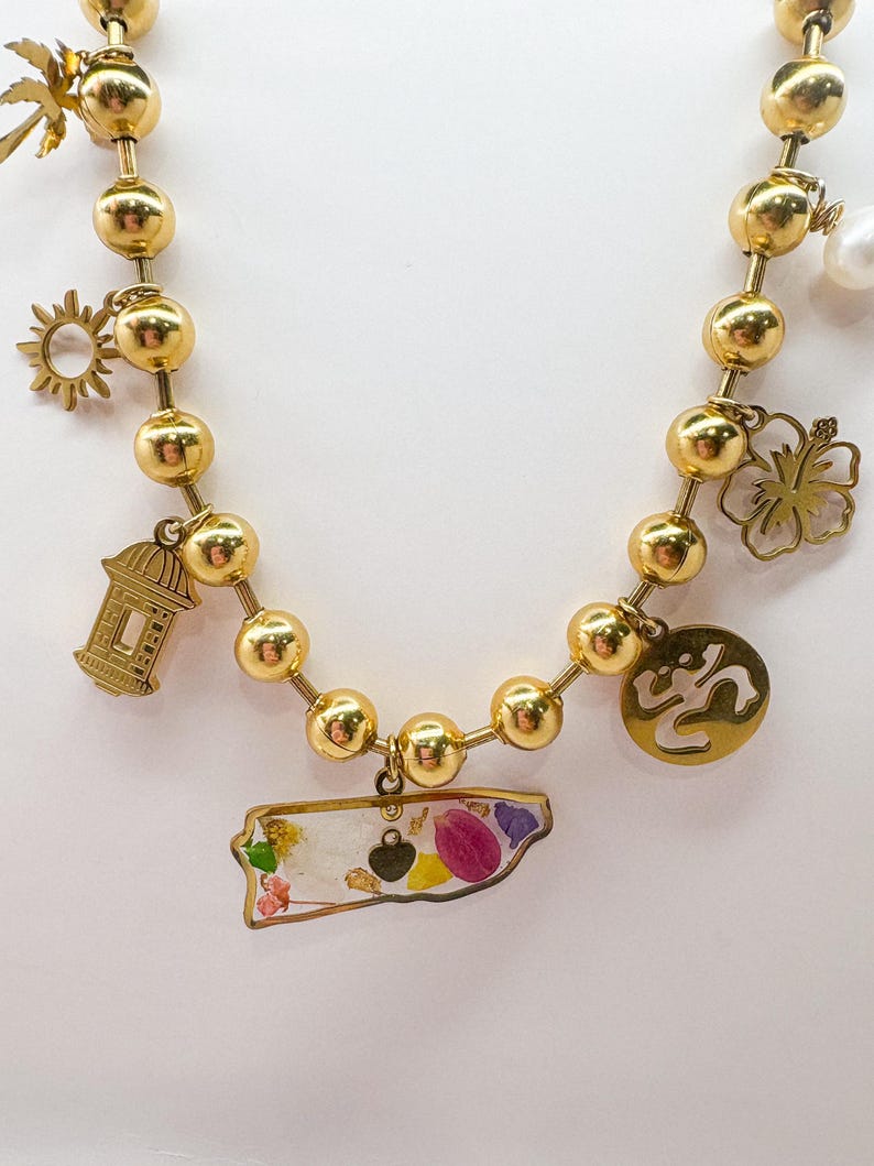 Puerto Rico Collar con mapa en resina y Flores reales - Etsy México